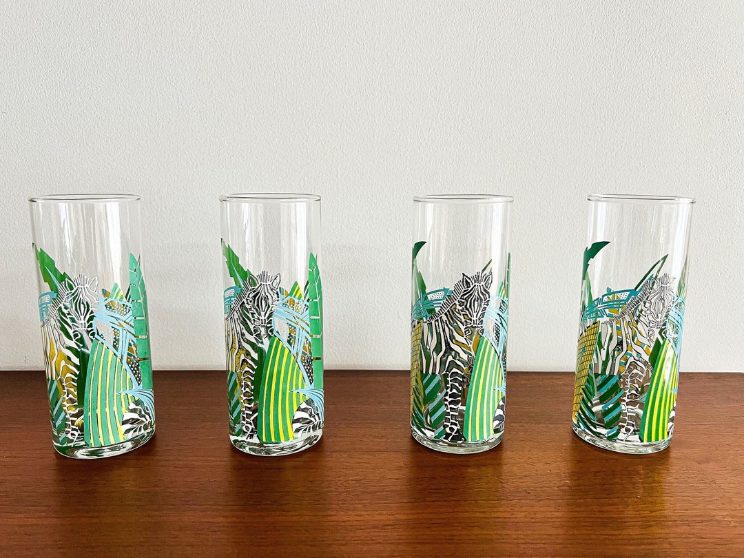 Set of 4 Vintage Zebra Highball / Collins / Cocktail Glasses, Tropical ...
