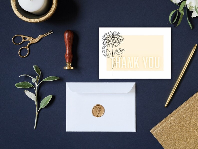 Thank You Cards Minimal Elegant Note Card Yellow Floral Horizontal PDF ...