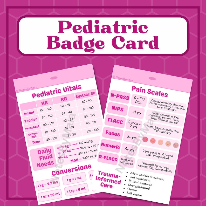 Pediatric Badge Card for Nurses and Students (pink) - Printable Copy ...