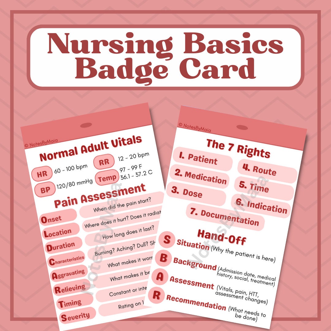 Nursing Basics Badge Card for Nurses and Students (red) - Printable ...