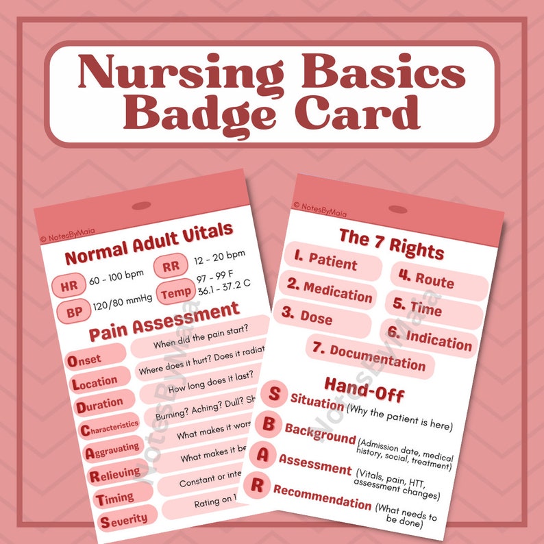 Nursing Basics Badge Card for Nurses and Students (multiple Color ...
