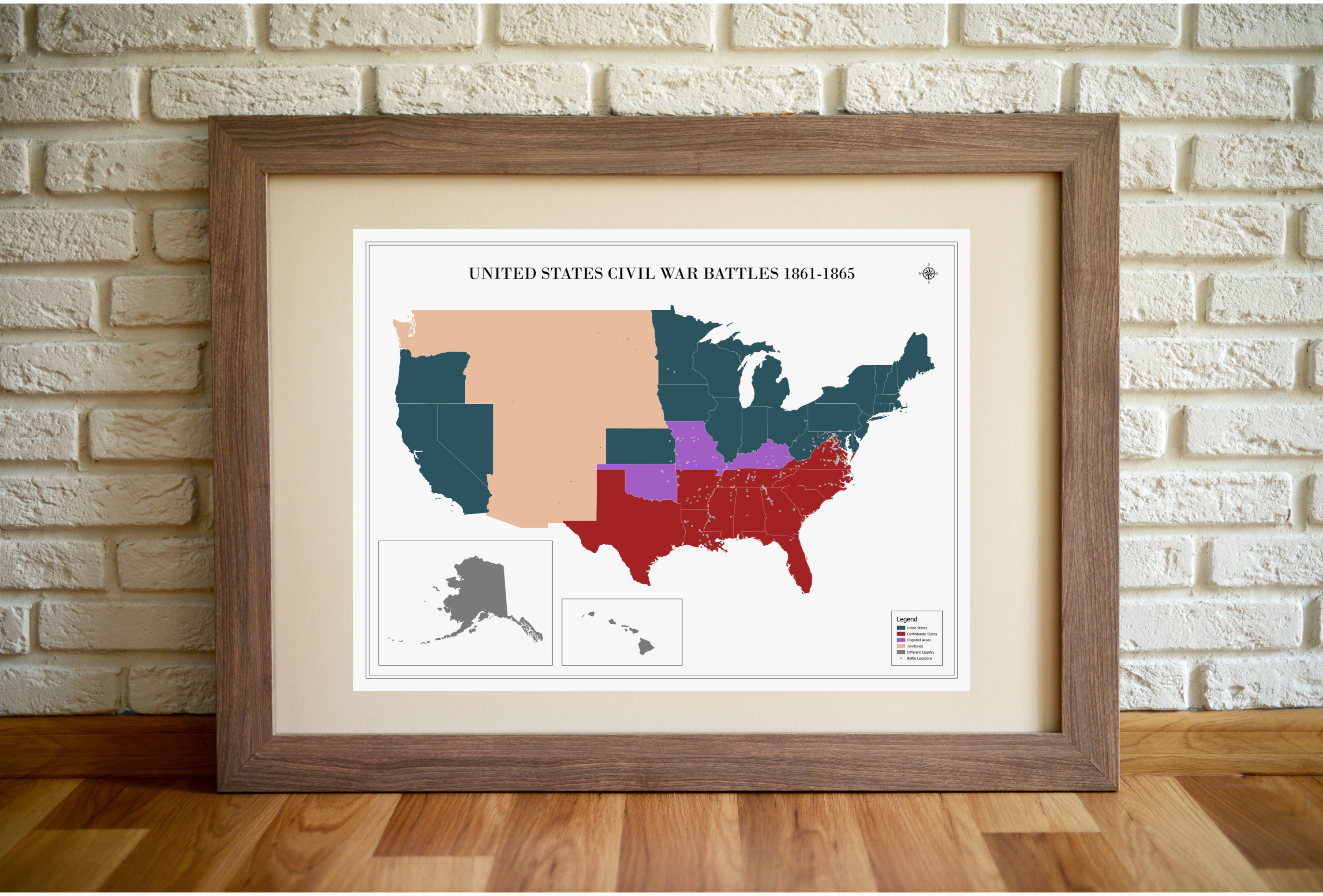 US Civil War Battles Map, US Civil War Map, Wall Art, Wall Map, Civil ...