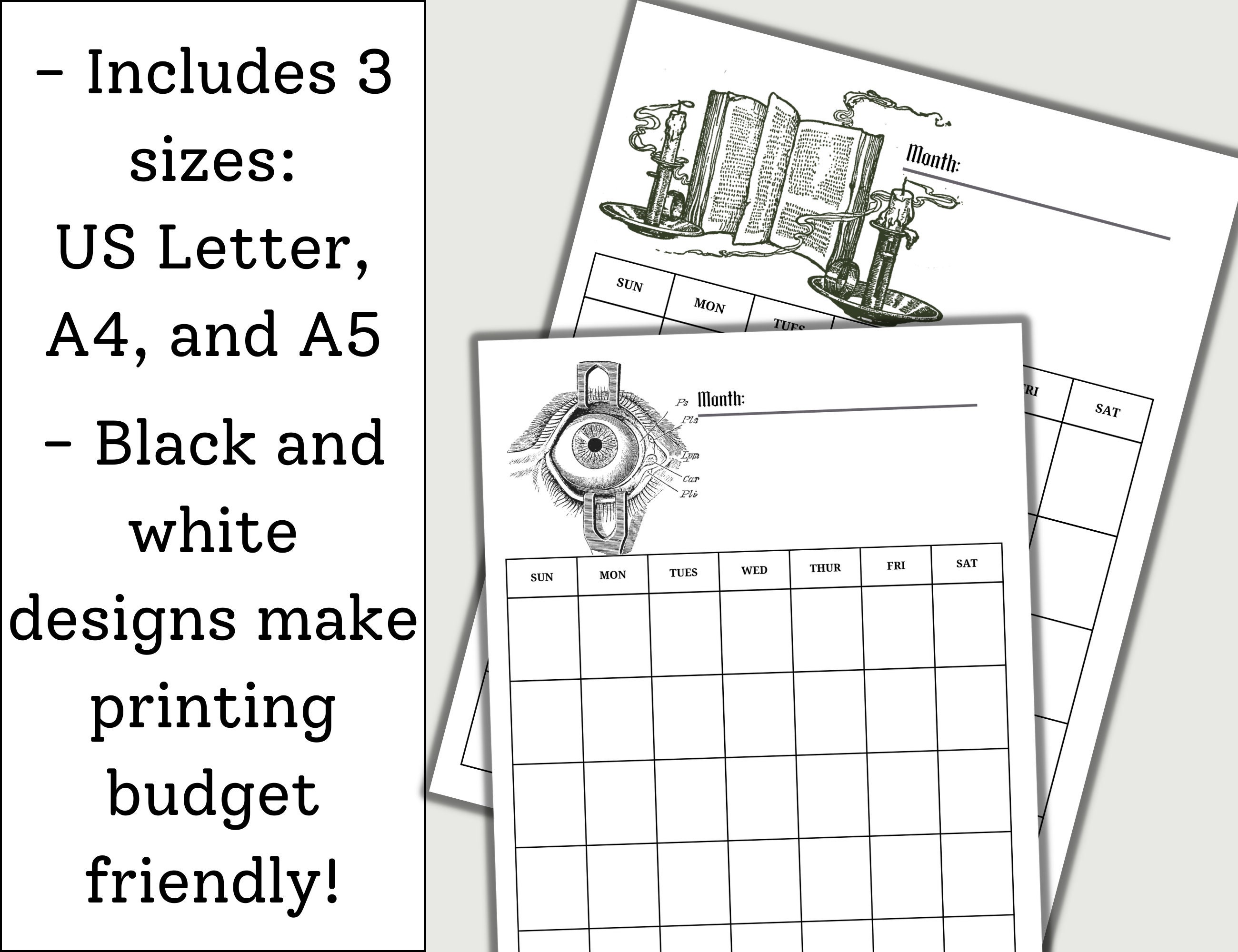 Goth Monthly Calendar | Undated Creepy Calendar | Printable Gothic ...