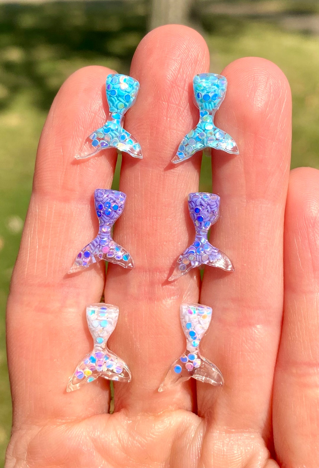 Invisible MERMAID TAILS Resin Glitter Clip on Non Pierced EARRINGS Kids ...