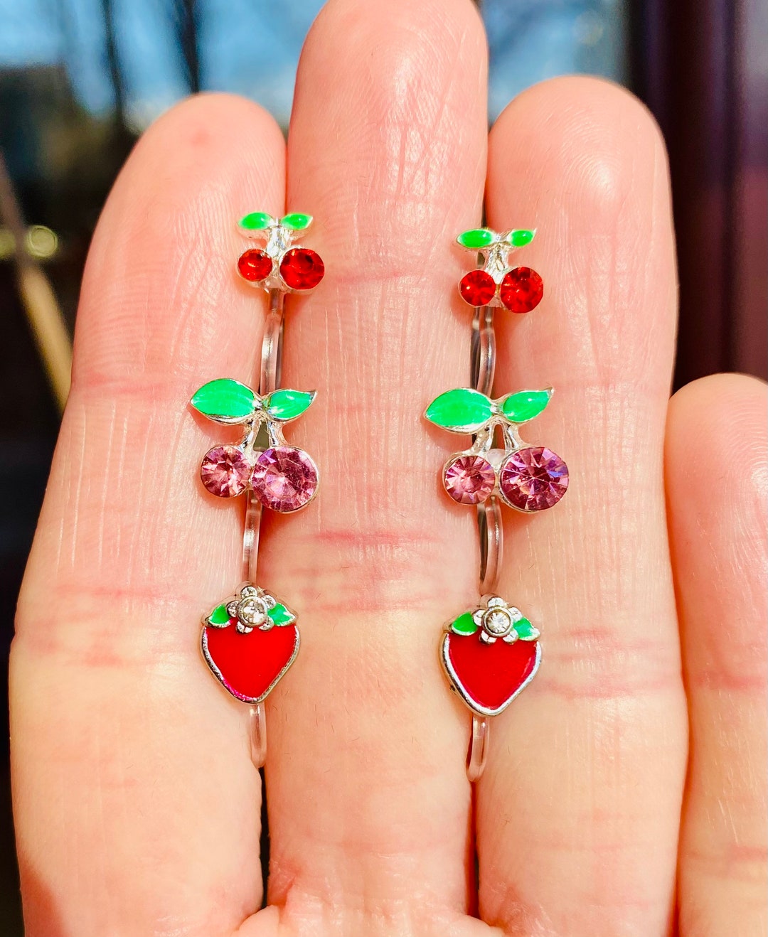 CHERRY & STRAWBERRY Red Pink Rhinestone Silver Fruit Clip-on Invisible ...