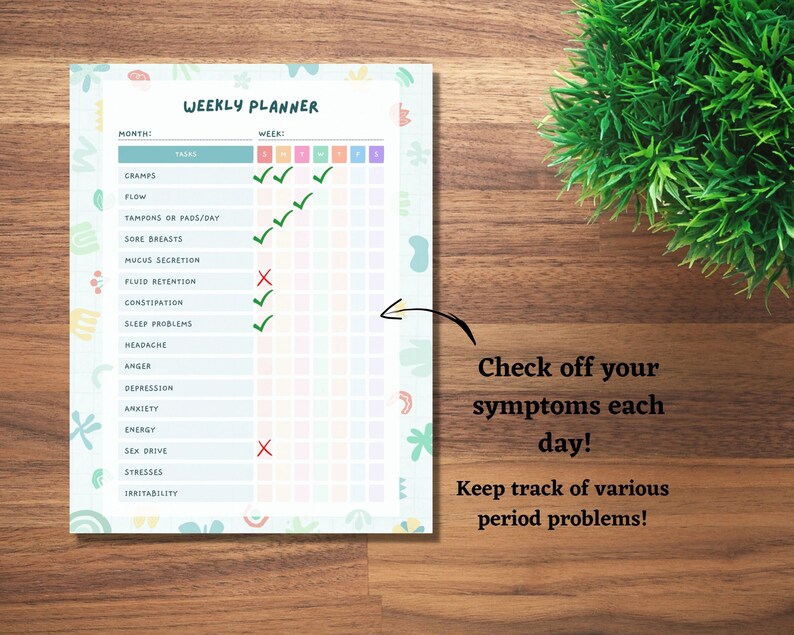 Printable Period Tracker, Period Symptom Tracking, Health & Wellness ...