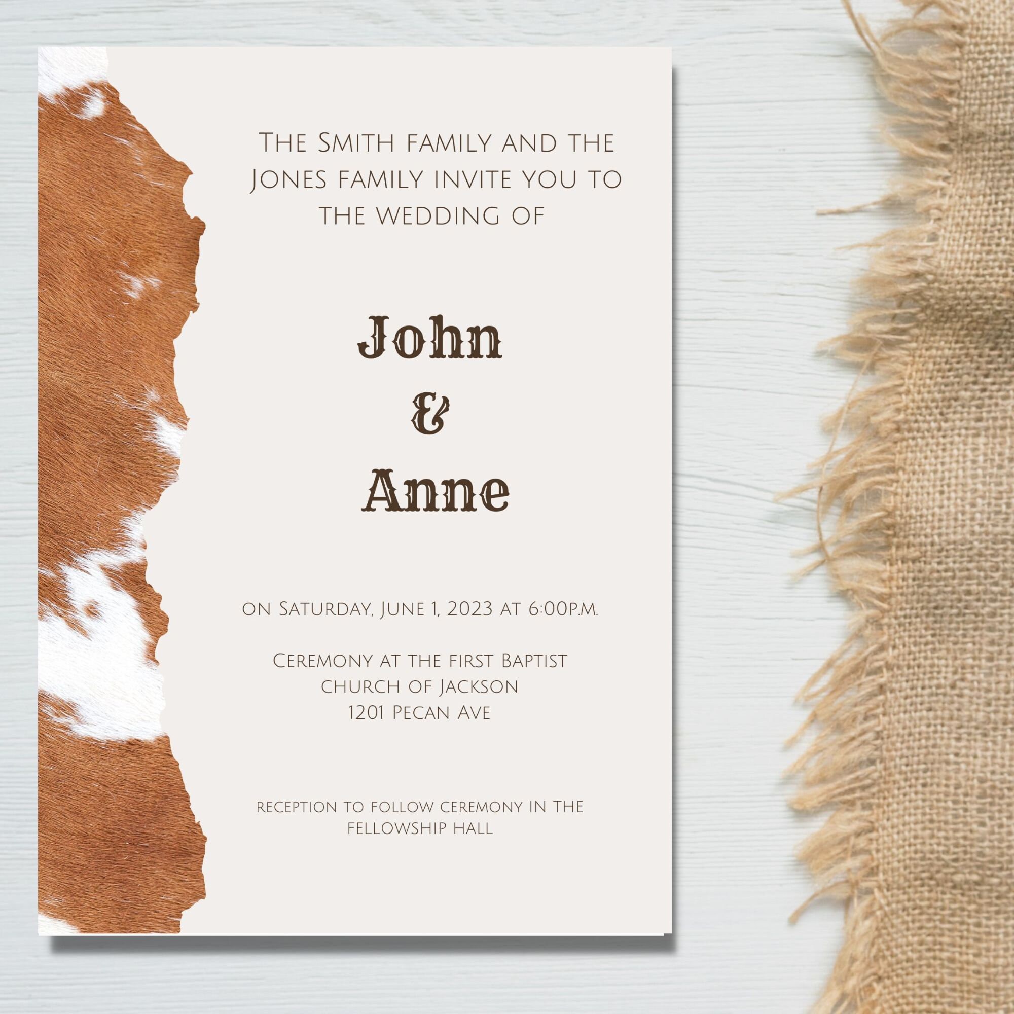 Rustic Cowhide Accents Digital Wedding Invitation Double-sided & Photo ...