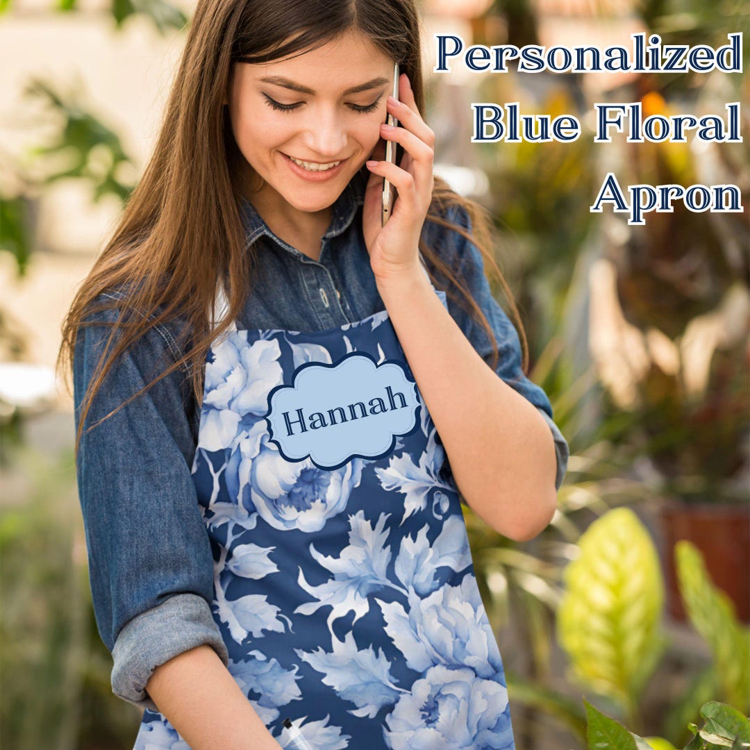 Custom French Country Blue Kitchen Apron Monogram Gift for Mom Gardener ...