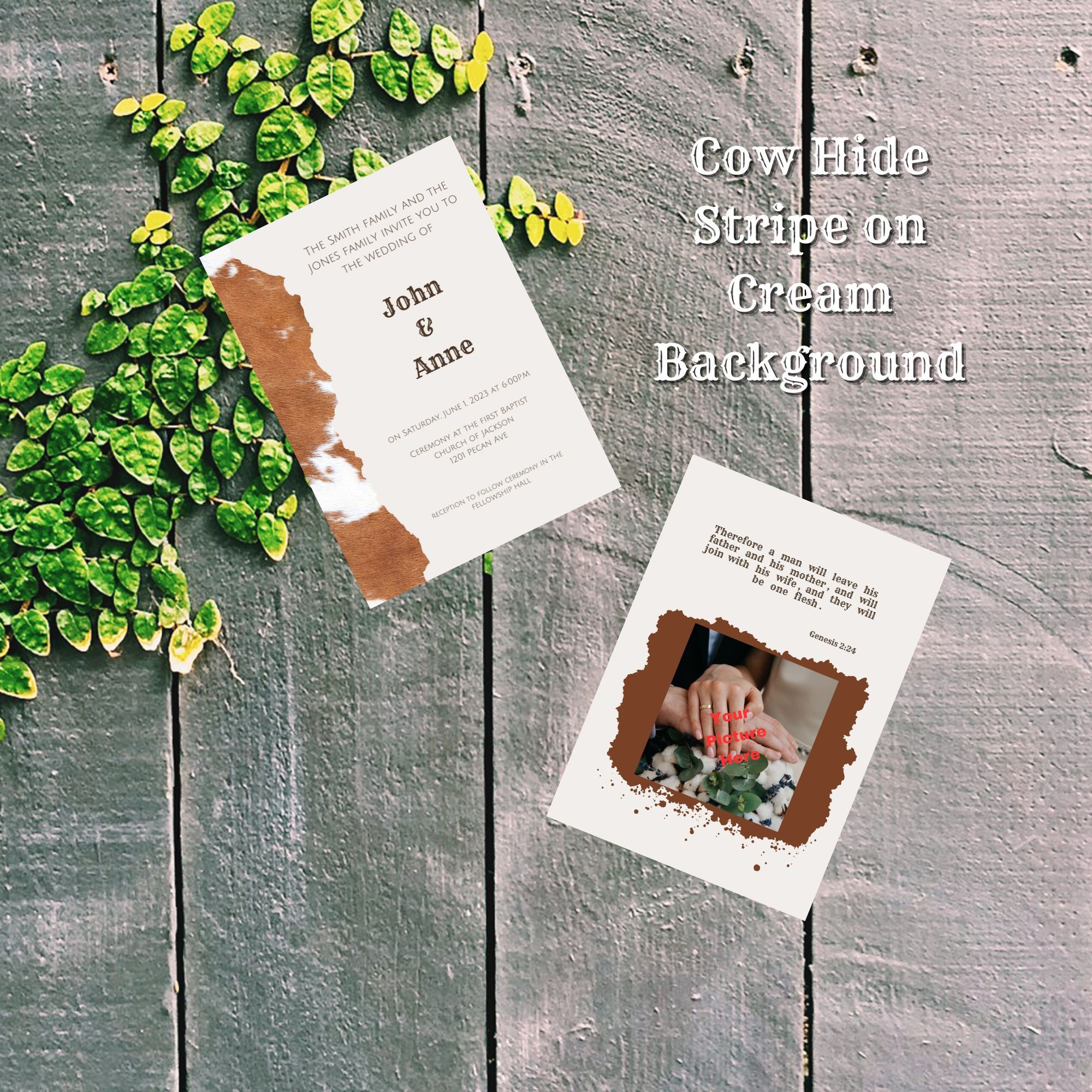 Rustic Cowhide Accents Digital Wedding Invitation Double-sided & Photo ...