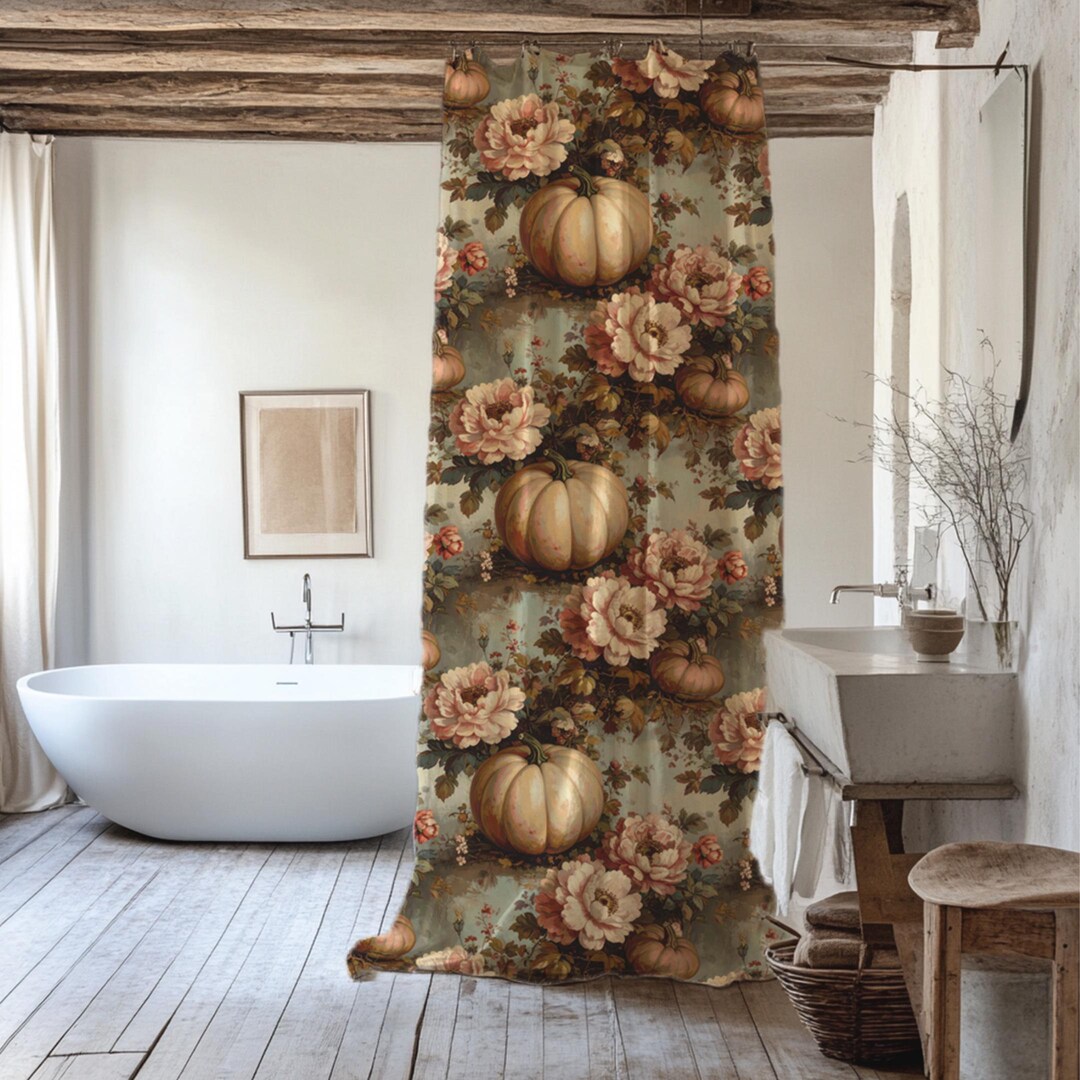 Fall Cottage Style Pumpkin Print Shower Curtain Vintage Inspired ...