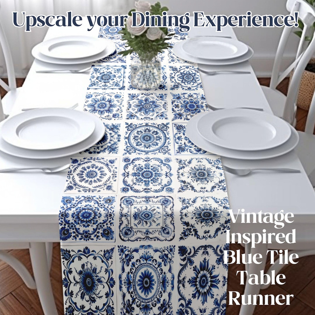Custom Mediterranean Style Tile Table Runner Cotton Shabby Chic Decor ...