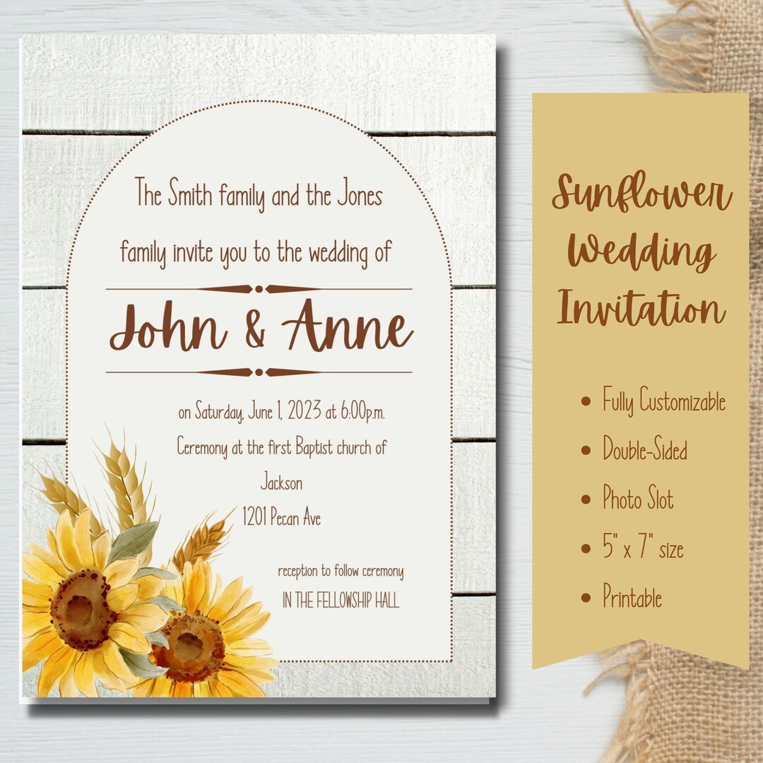 Sunflower Wedding Invite Template, Customize for Your Big Day, Rustic ...