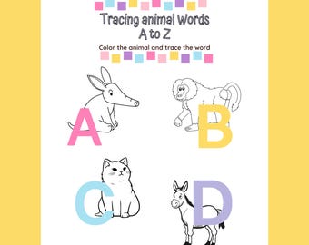 Animals A to Z - Color the Animal and Trace the Word - Etsy