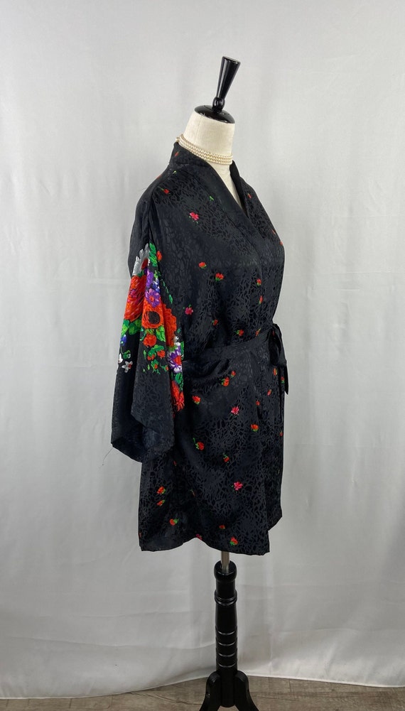 Vintage Val-Mode Black Satin Robe Vibrant Floral Patt… - Gem