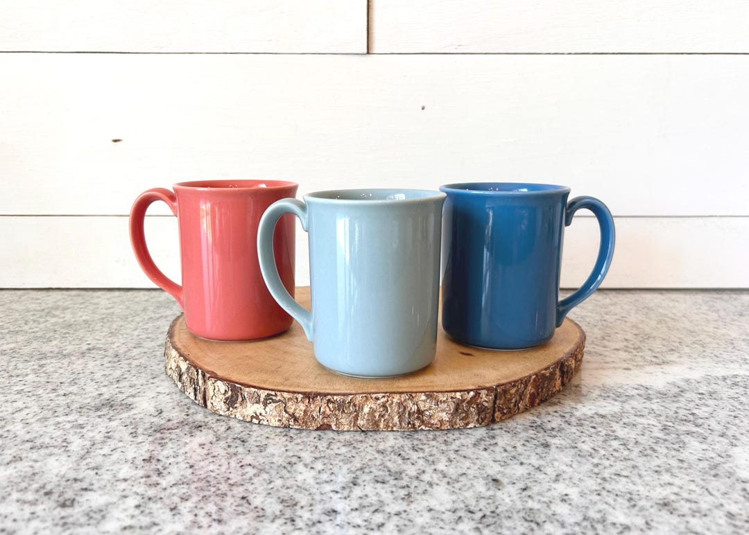 Vintage Corning Mug Set, Coral, Blue & Cobalt, Stoneware Coffee Mugs ...