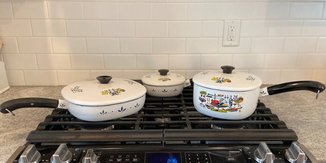 MCM Vintage Enamel Cookware Pots & Pans Set of 6 Pieces Georges Briard ...