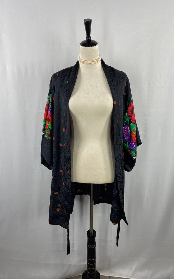 Vintage Val-Mode Black Satin Robe Vibrant Floral Patt… - Gem