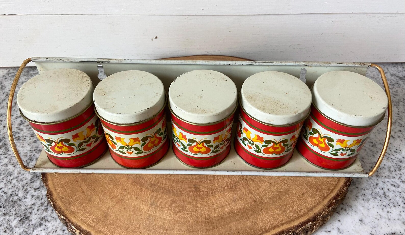 Vintage 1970s Tin Spice Rack Set, Floral Design Red Canisters With Gold ...