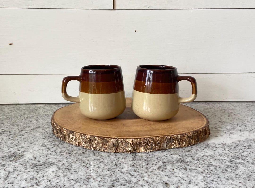 Pair of Vintage Stoneware Coffee Mugs, Rustic Brown and Beige ...
