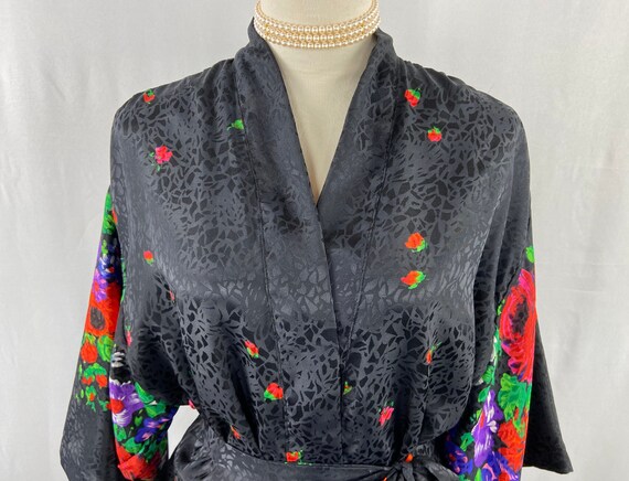 Vintage Val-Mode Black Satin Robe Vibrant Floral Patt… - Gem