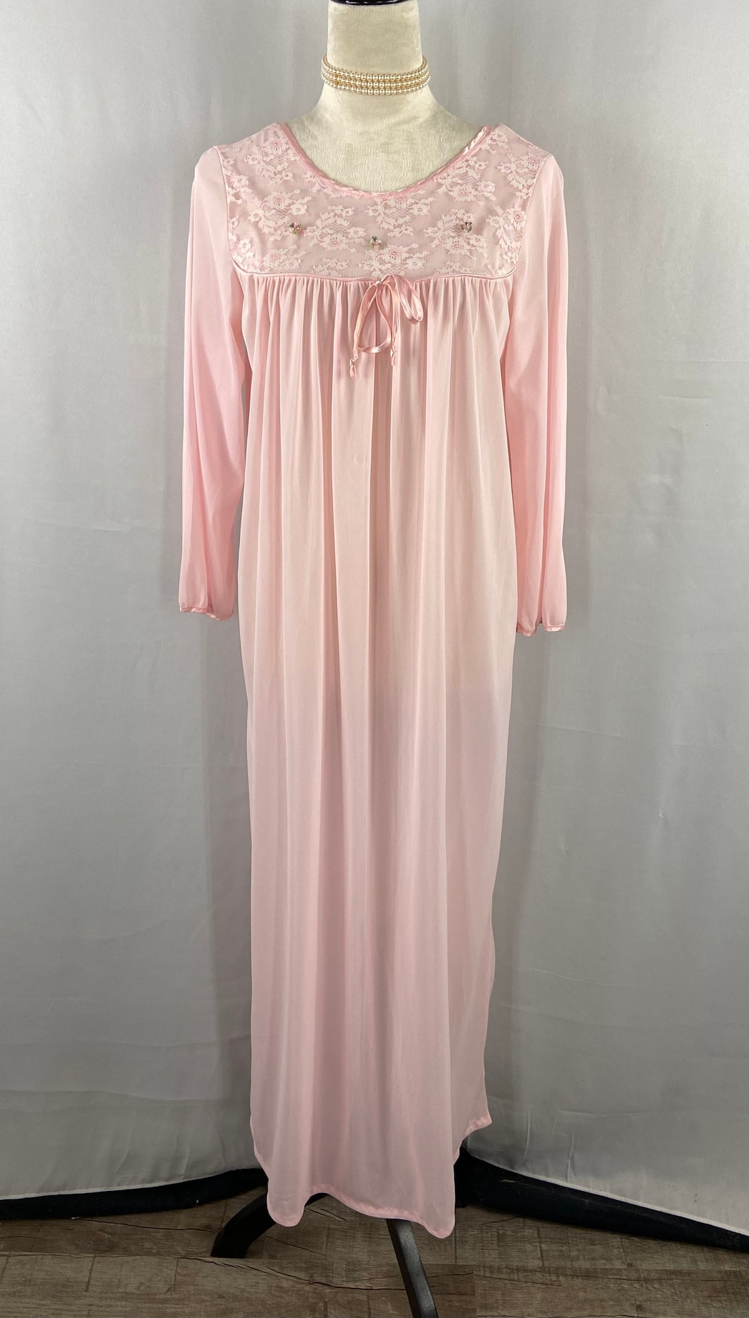 Authentic Vintage 1960s Sheer Pink Long Nightgown Lace Top Long Sleeve ...