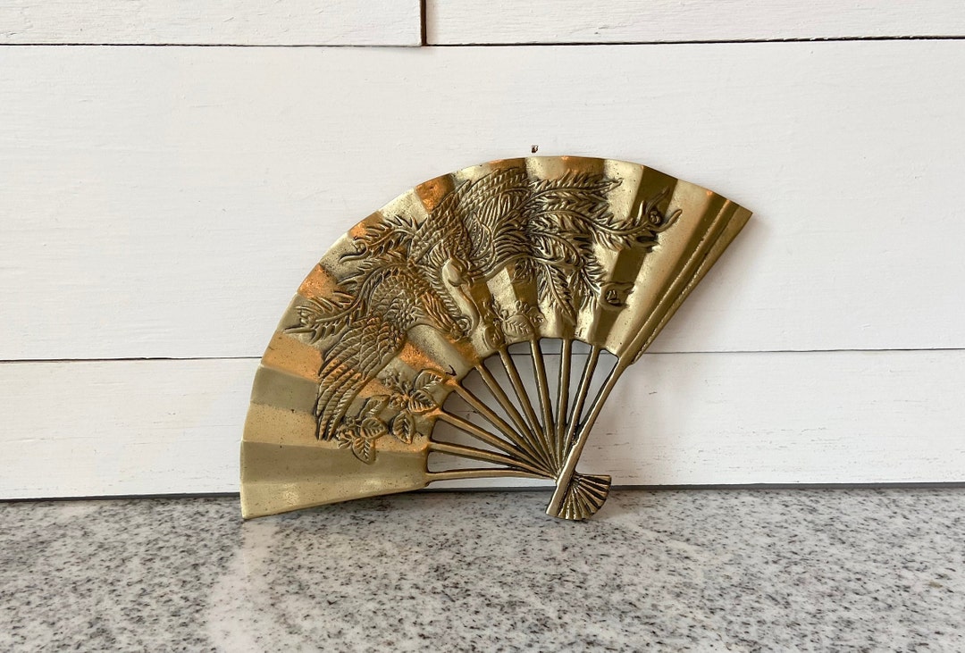 Elegant Vintage Solid Brass Fan Figurine W/ Embossed Bird & Foliage ...