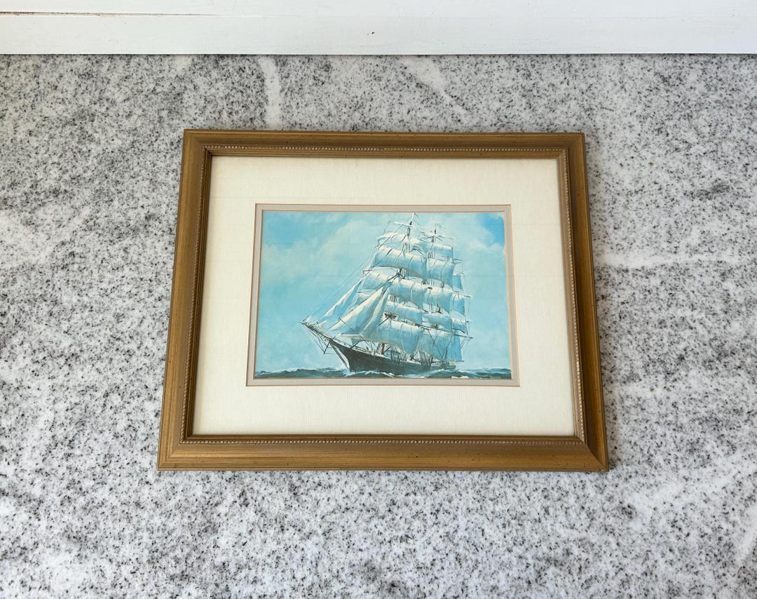 Vintage Nautical Ship Print in Gold Frame, Mid-century Maritime Wall ...