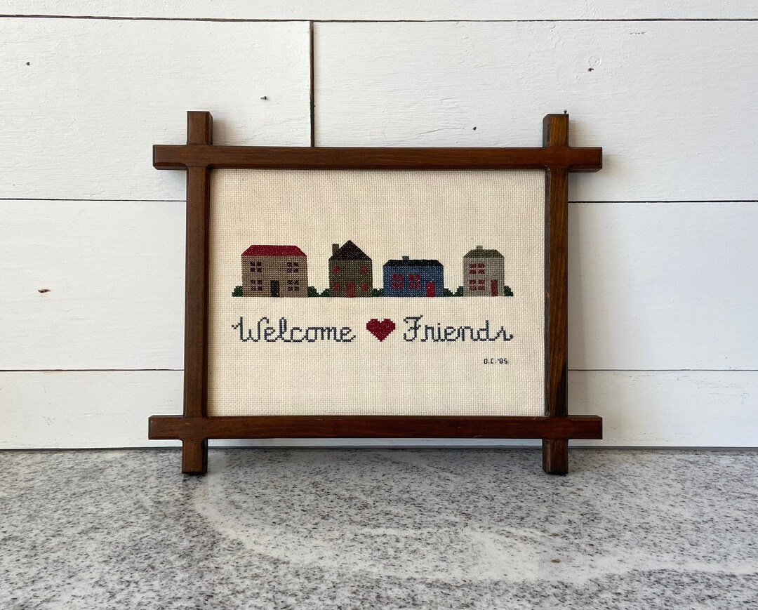 Vintage 1985 Welcome Friends Needlepoint Wall Art, Rustic Handcrafted ...