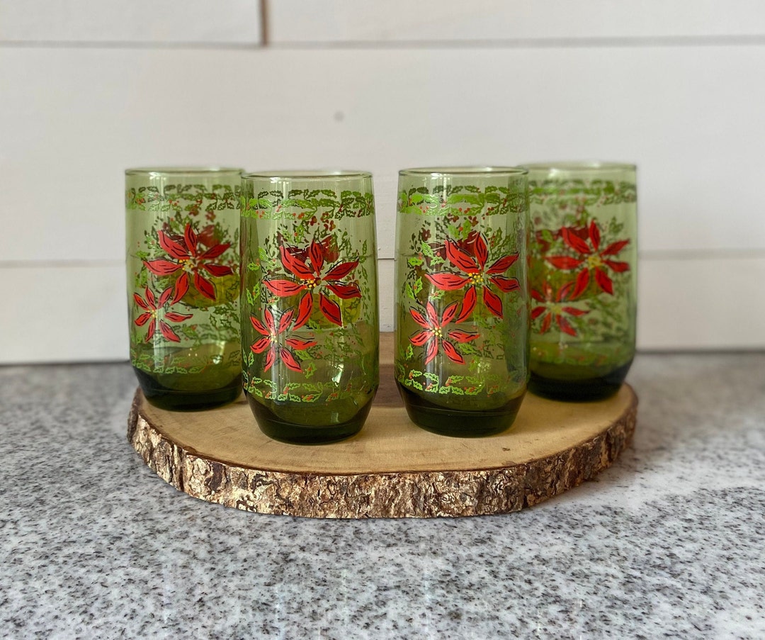 Vintage Holiday Green Glass Tumblers Set Of 4 Red Poinsettia Flower Holiday Kitchen Holiday