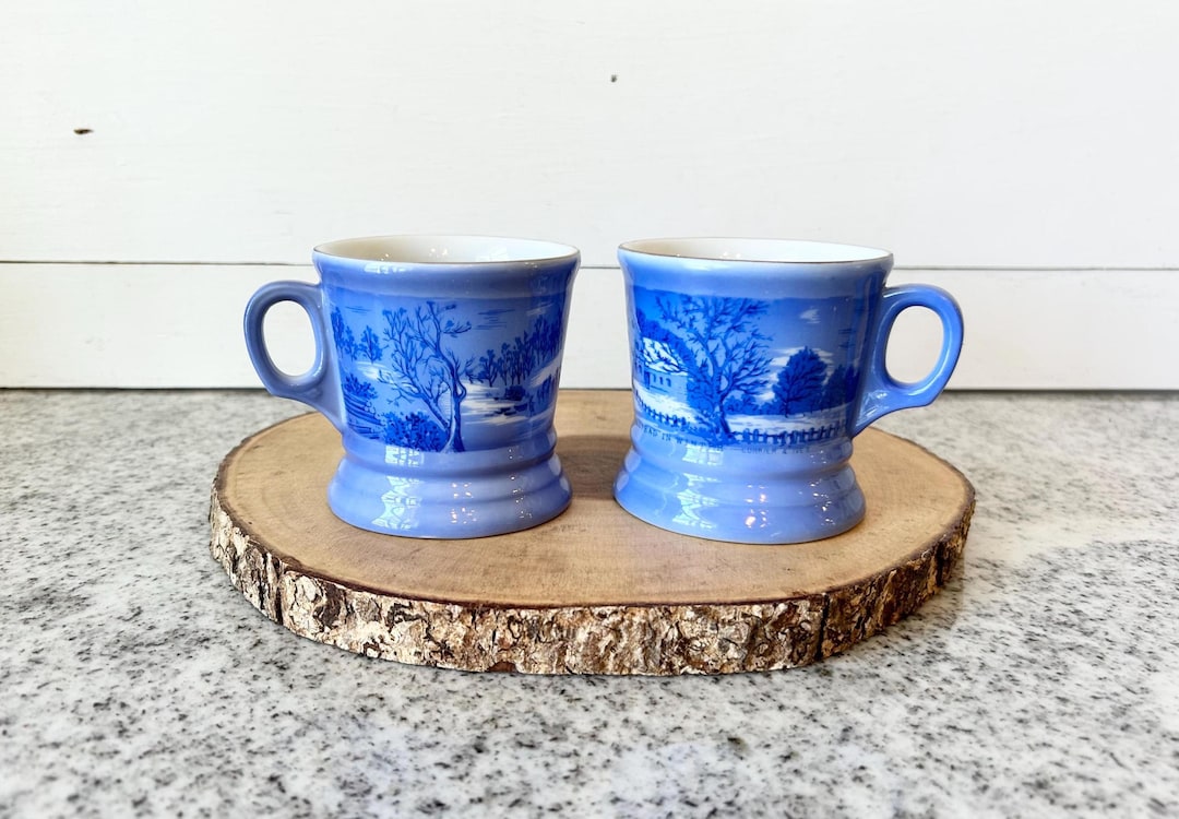 Vintage Currier & Ives Blue Ironstone Coffee Mugs, Set of 2 Pedestal ...