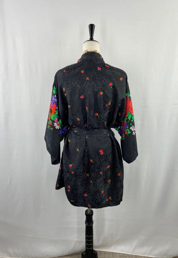 Vintage Val-Mode Black Satin Robe Vibrant Floral Patt… - Gem