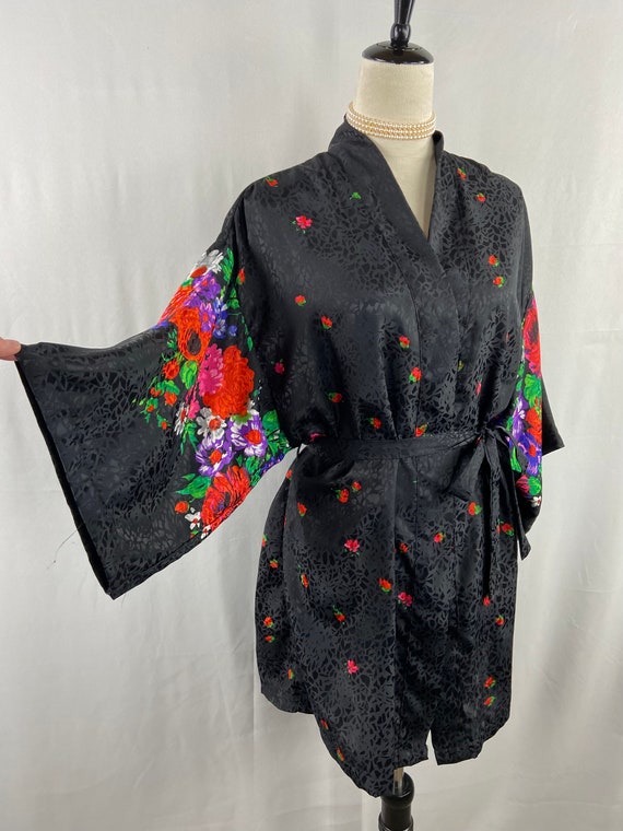 Vintage Val-Mode Black Satin Robe Vibrant Floral Patt… - Gem