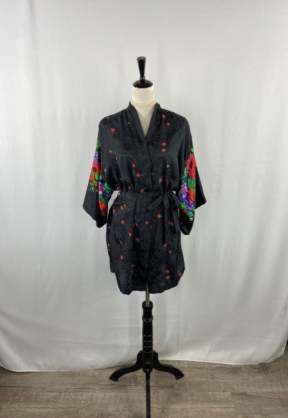 Vintage Val-Mode Black Satin Robe Vibrant Floral Patt… - Gem