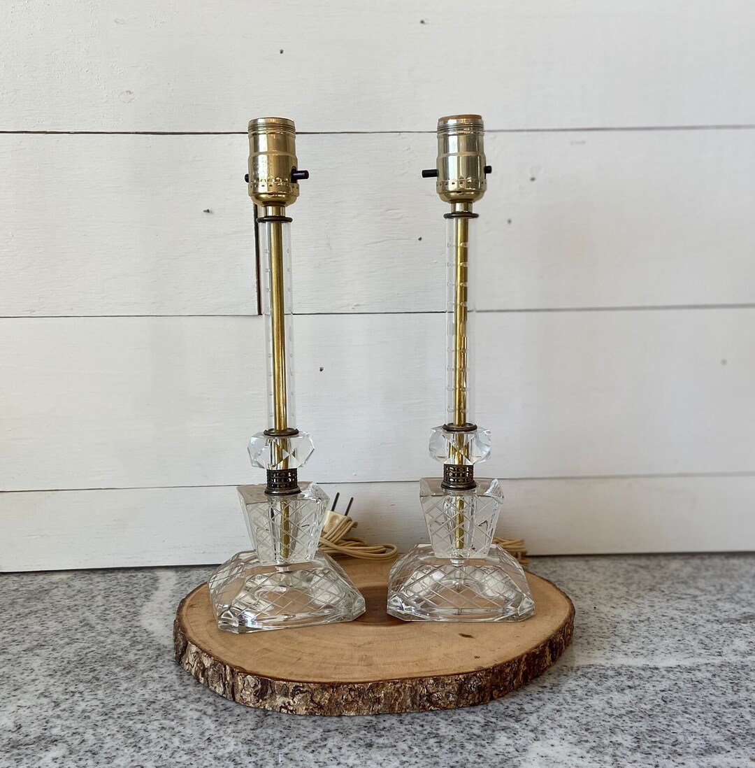 Vintage Crystal Table Lamp Pair, Elegant Faceted Base Brass Accents ...