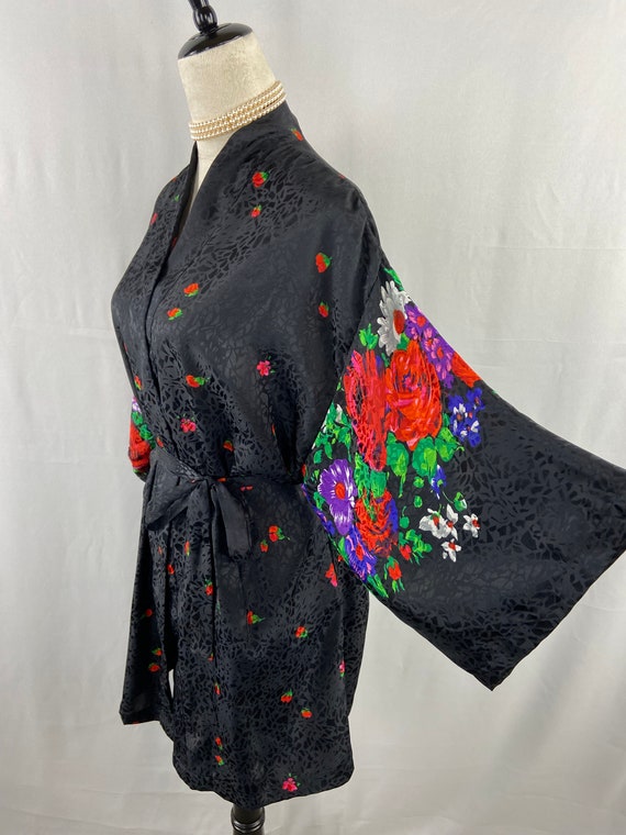 Vintage Val-Mode Black Satin Robe Vibrant Floral Patt… - Gem