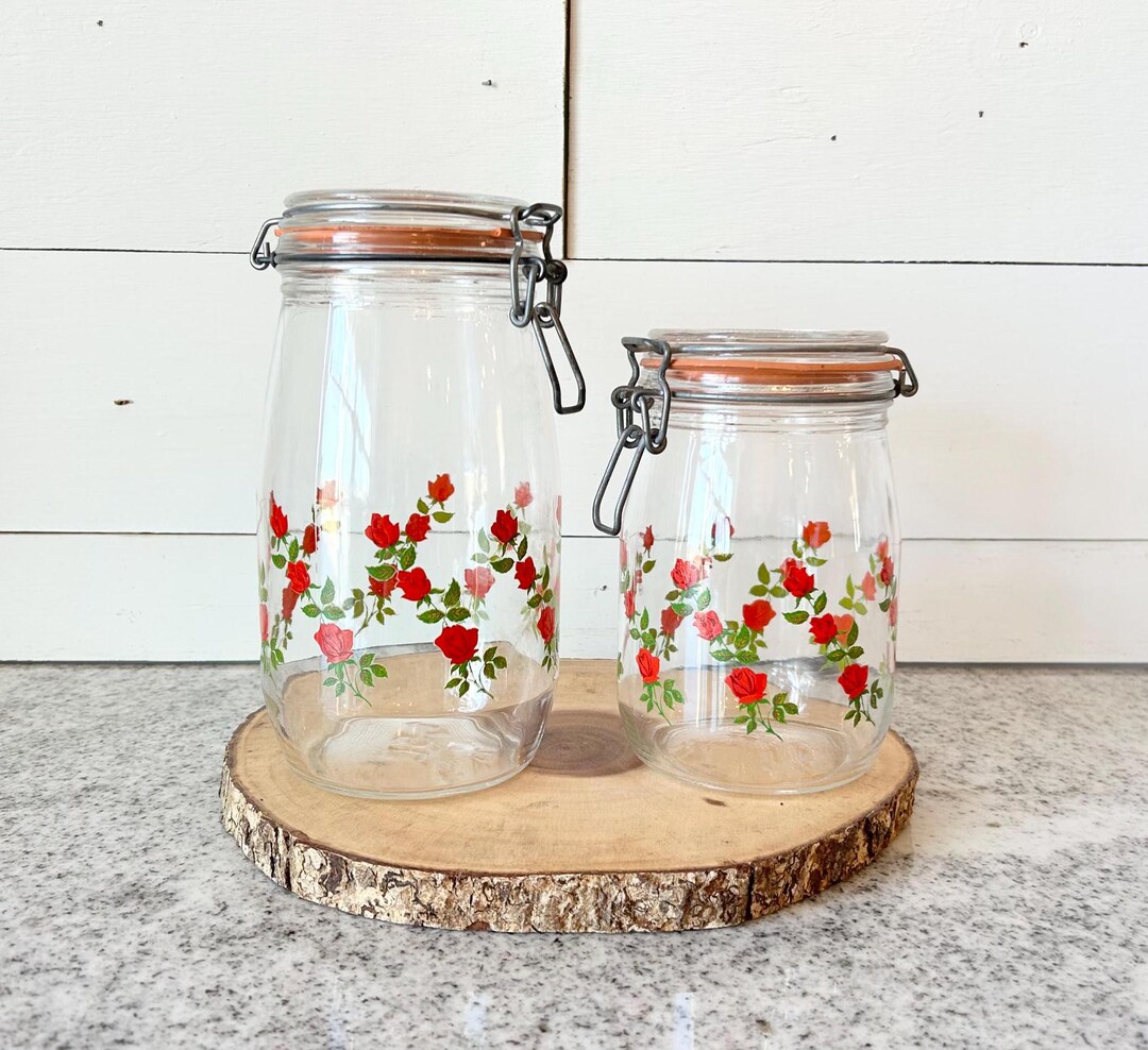 Vintage Arc France Glass Canister Set, Red Roses Floral Airtight ...
