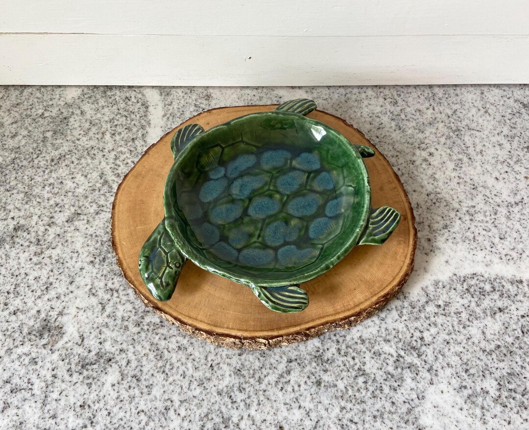Vintage Green Turtle Pottery Trinket Dish, Handcrafted Ceramic Dish ...