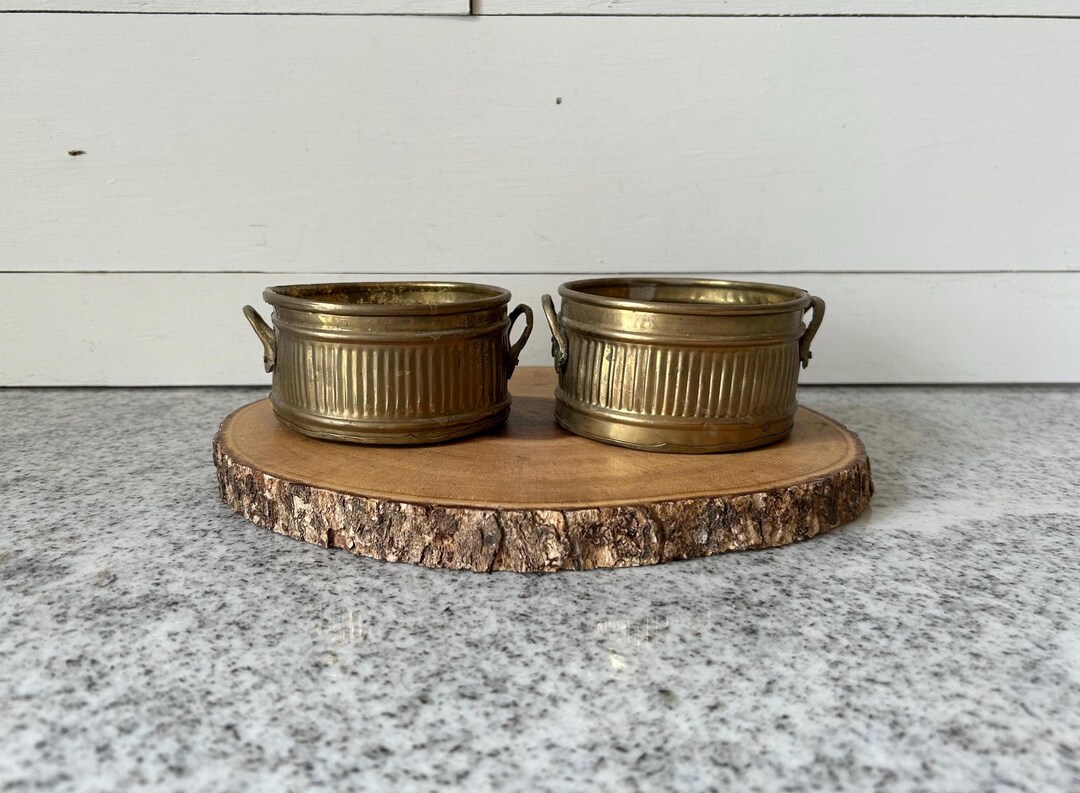 Vintage Brass Planters, Pair of Small Ribbed Brass Plant Pots With ...