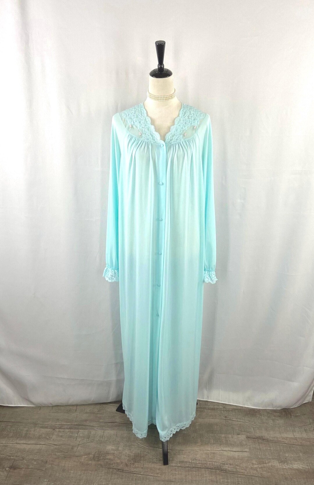 Vintage Shadowline Aqua Blue Nylon Nightgown or Peignoir With Lace Trim ...