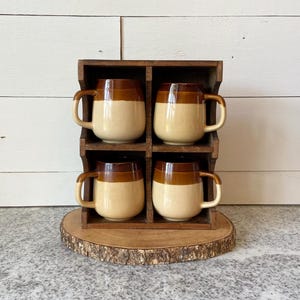 Vintage Wooden Coffee Mug Display Case W/ 4 Stoneware Mugs Wall Hanging ...