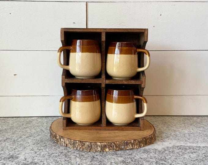 Vintage Wooden Coffee Mug Display Case W/ 4 Stoneware Mugs Wall Hanging ...