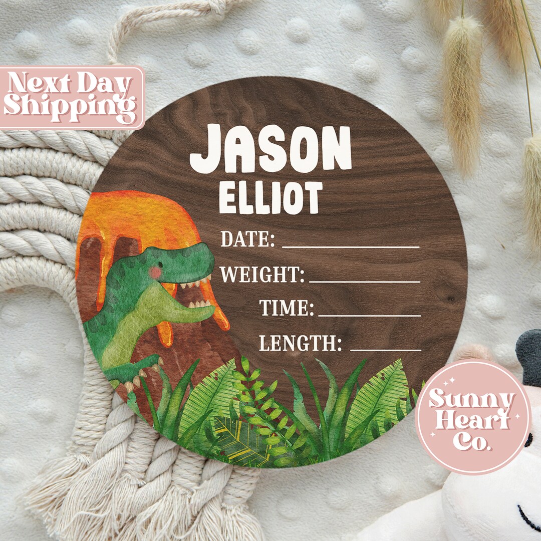 Personalized T-rex Round Wood Baby Boy Birth Stat Sign Nursery Decor ...