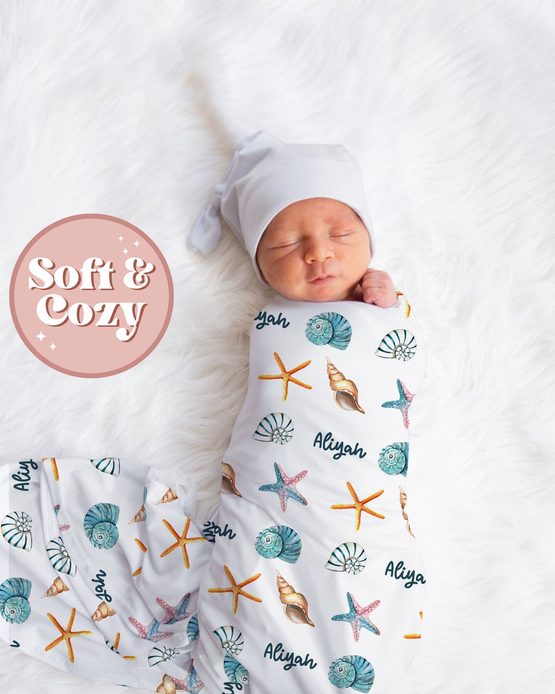 Cute Seashells and Starfish Custom Baby Girl Swaddle Sea Creatures Baby ...