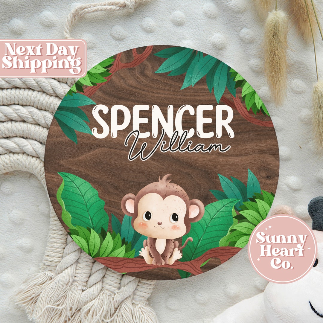 Personalized Monkey Boy Name Round Wood Sign Monkey Theme Baby Boy Name ...