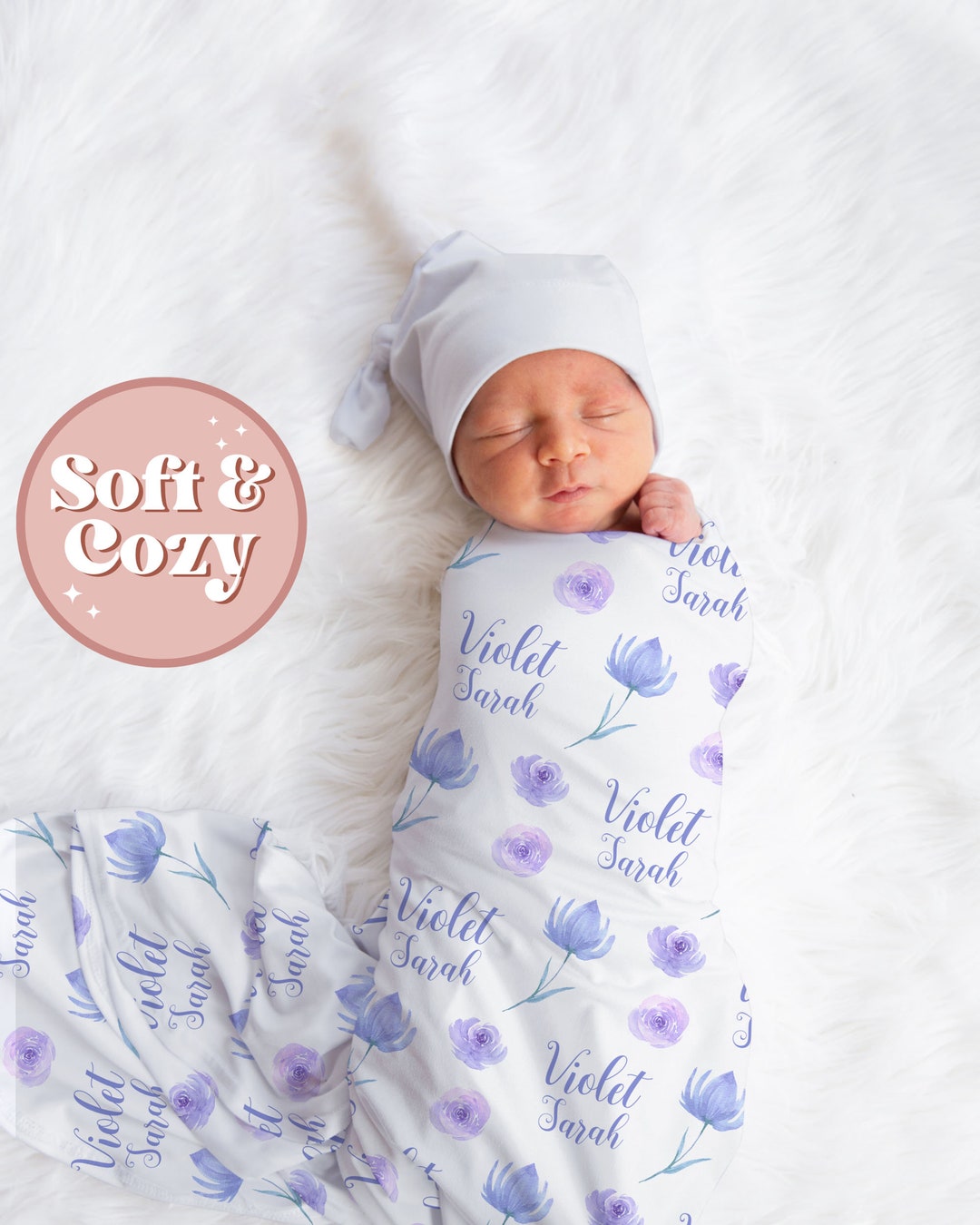 Violet Flowers Swaddle Set, Violet Flowers Swaddle, Personalized Baby ...