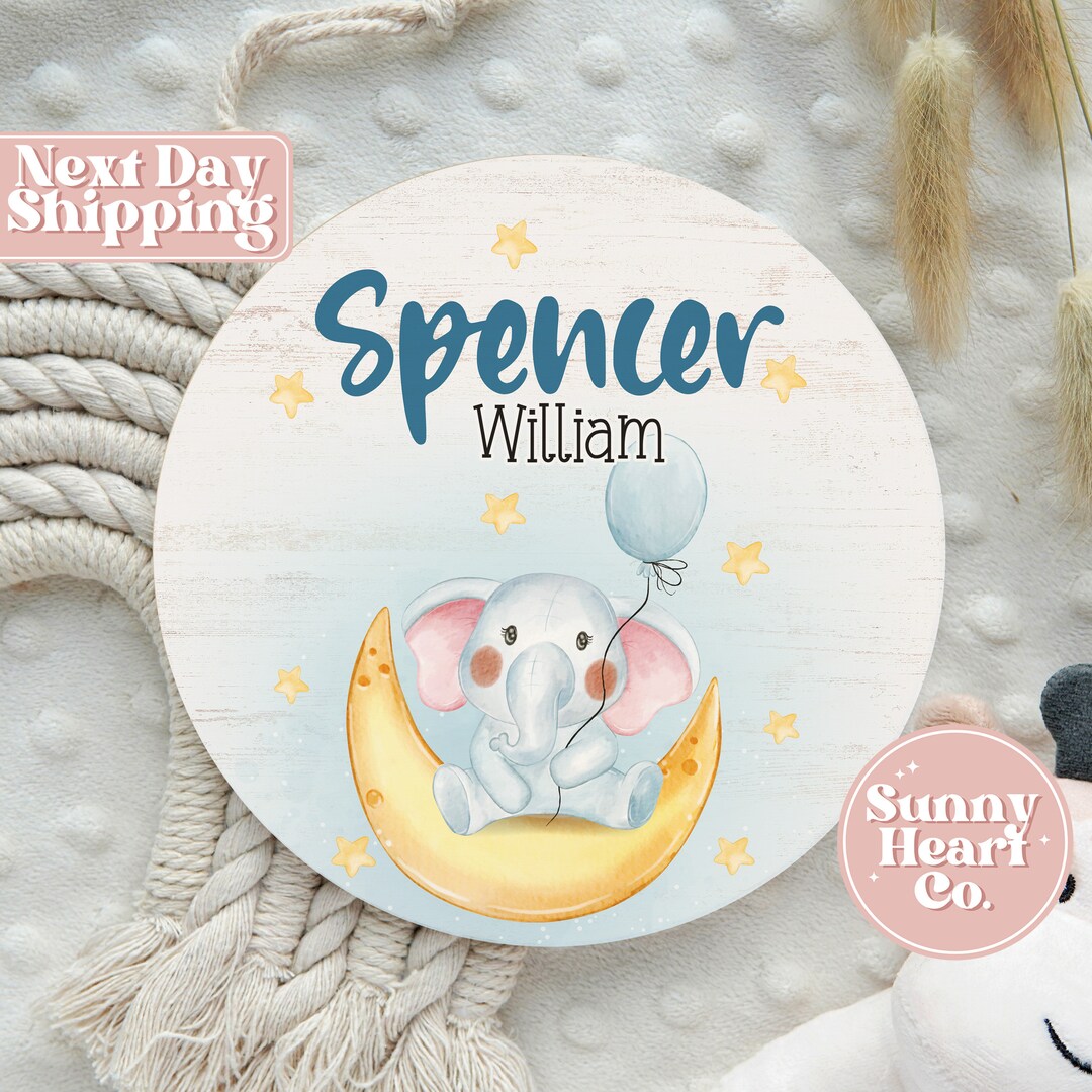 Personalized Elephant Boy Name Round Wood Sign Elephant Theme Baby Boy ...