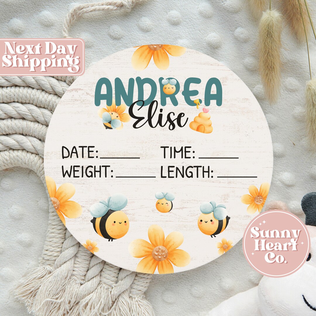 Personalized Bee Round Wood Baby Girl Birth Stat Sign Nursery - Etsy