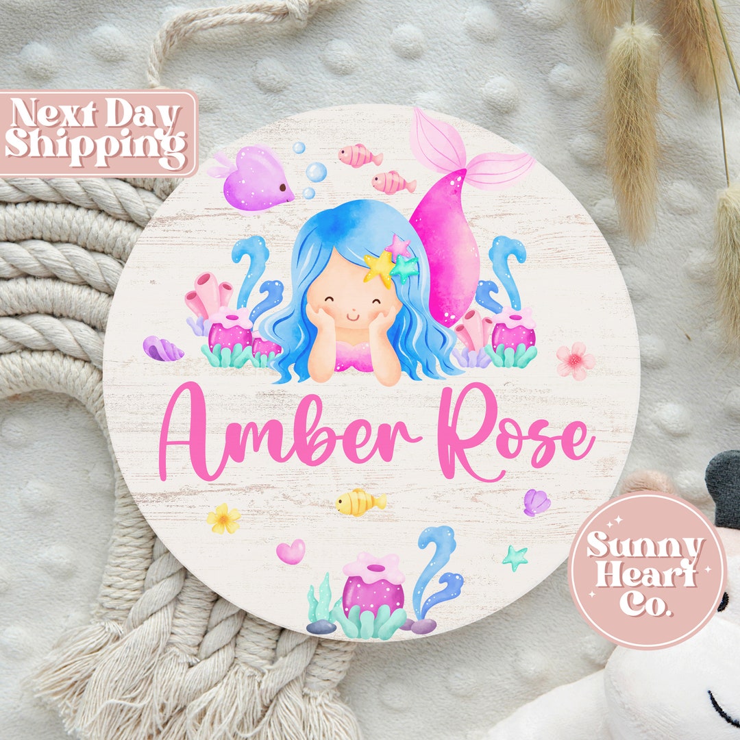 Personalized Cute Mermaid Name Round Wood Sign Ocean Theme Baby Girl ...