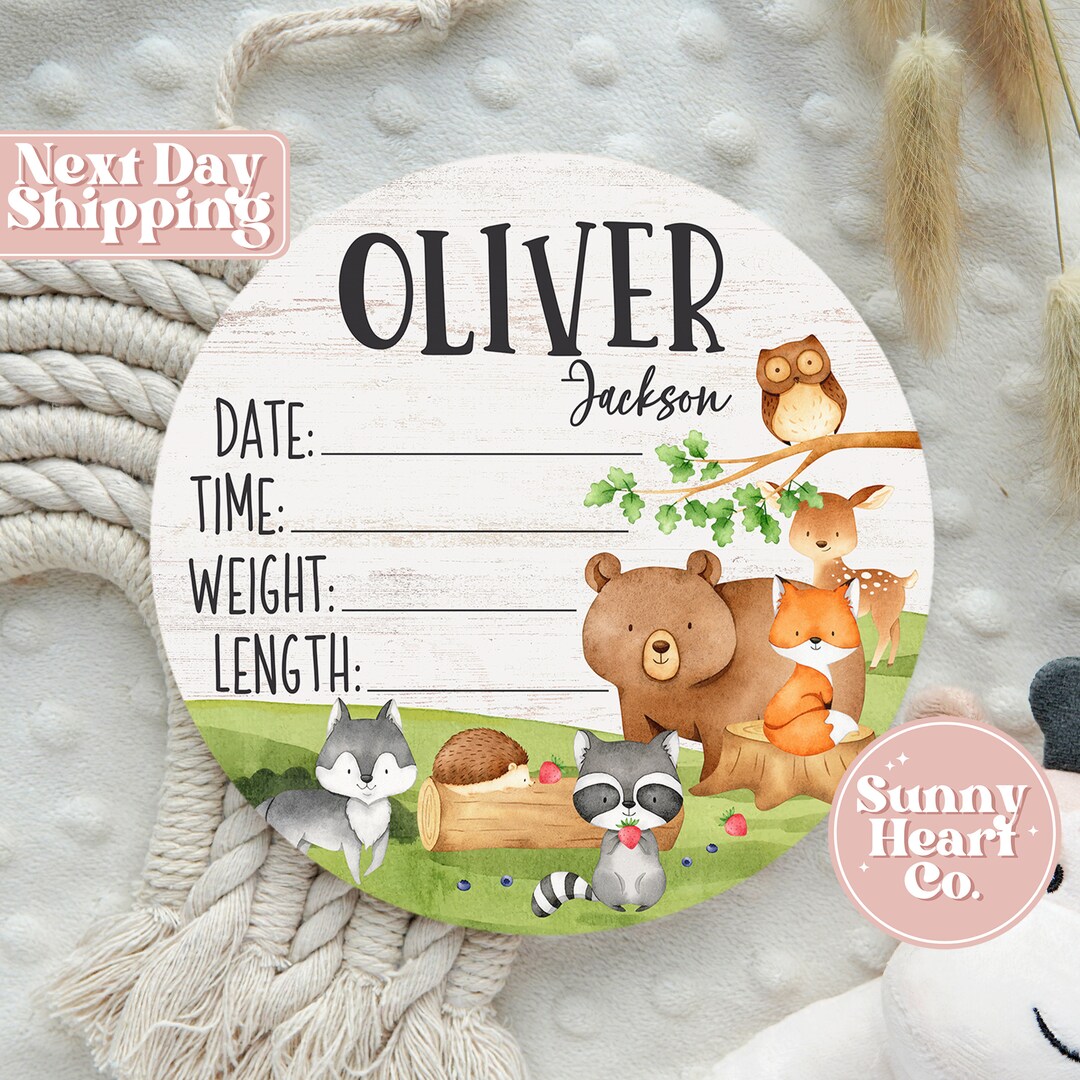 Woodland Animal Baby Birth Announcement Stat Sign Newborn Forest Round ...