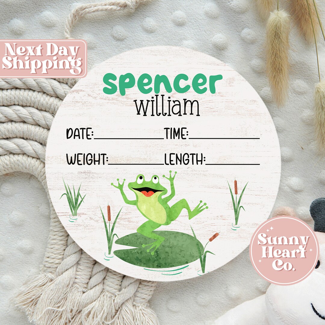 Personalized Frog Round Wood Baby Girl Birth Stat Sign Nursery Decor ...